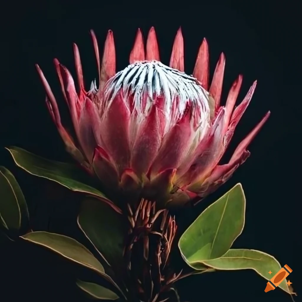 Dark colored king protea flower on a black background on Craiyon