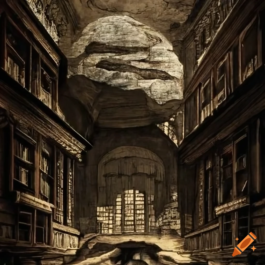 Cliffside library with a massive rock hanging over it on Craiyon