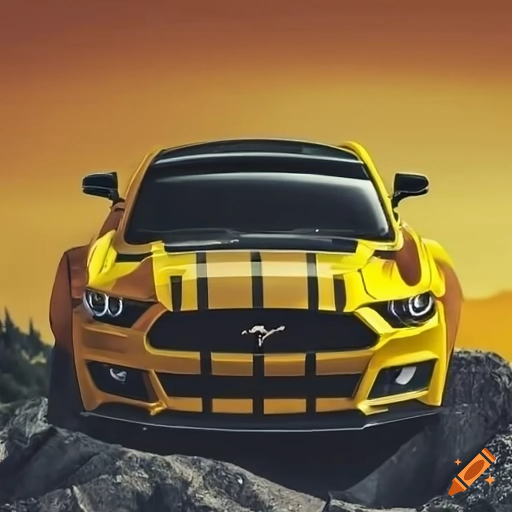 Yellow ford mustang in the mountains on Craiyon