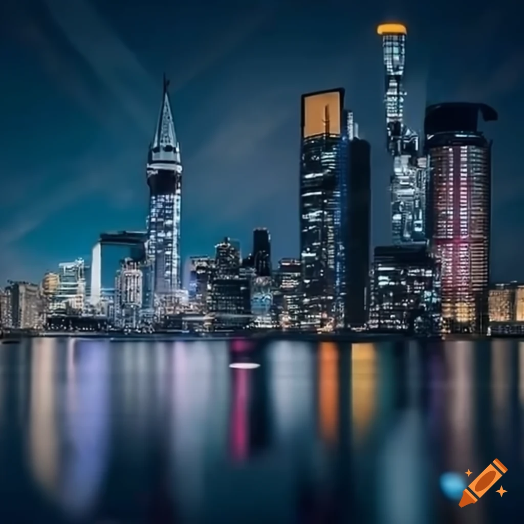 Illustration of a futuristic city with flying cars and robots on Craiyon