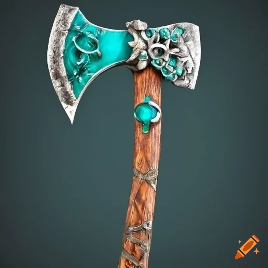 Medieval hatchet with teal gemstones on Craiyon
