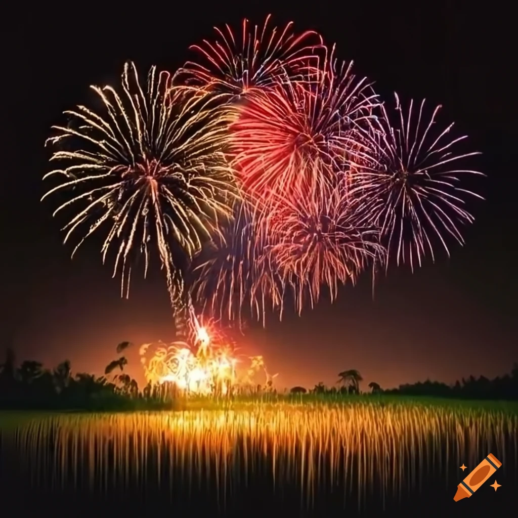 Diwali fireworks lighting up a paddy field at night on Craiyon