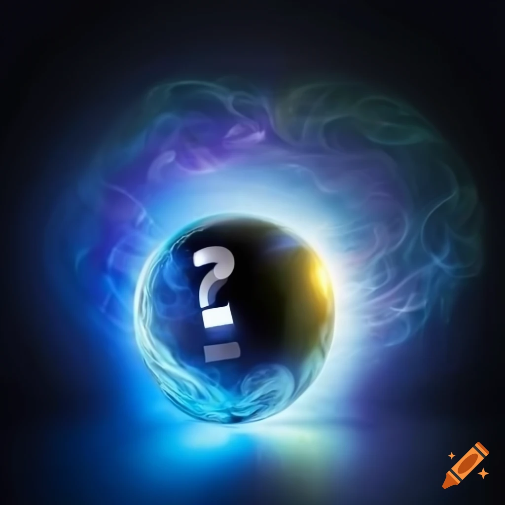 Glass ball with swirling electrical energy and a black question mark on ...