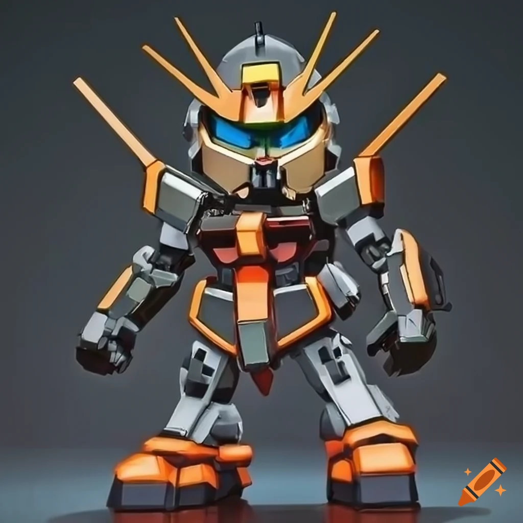 Chibi gundam robot with black and orange metallic armor on Craiyon