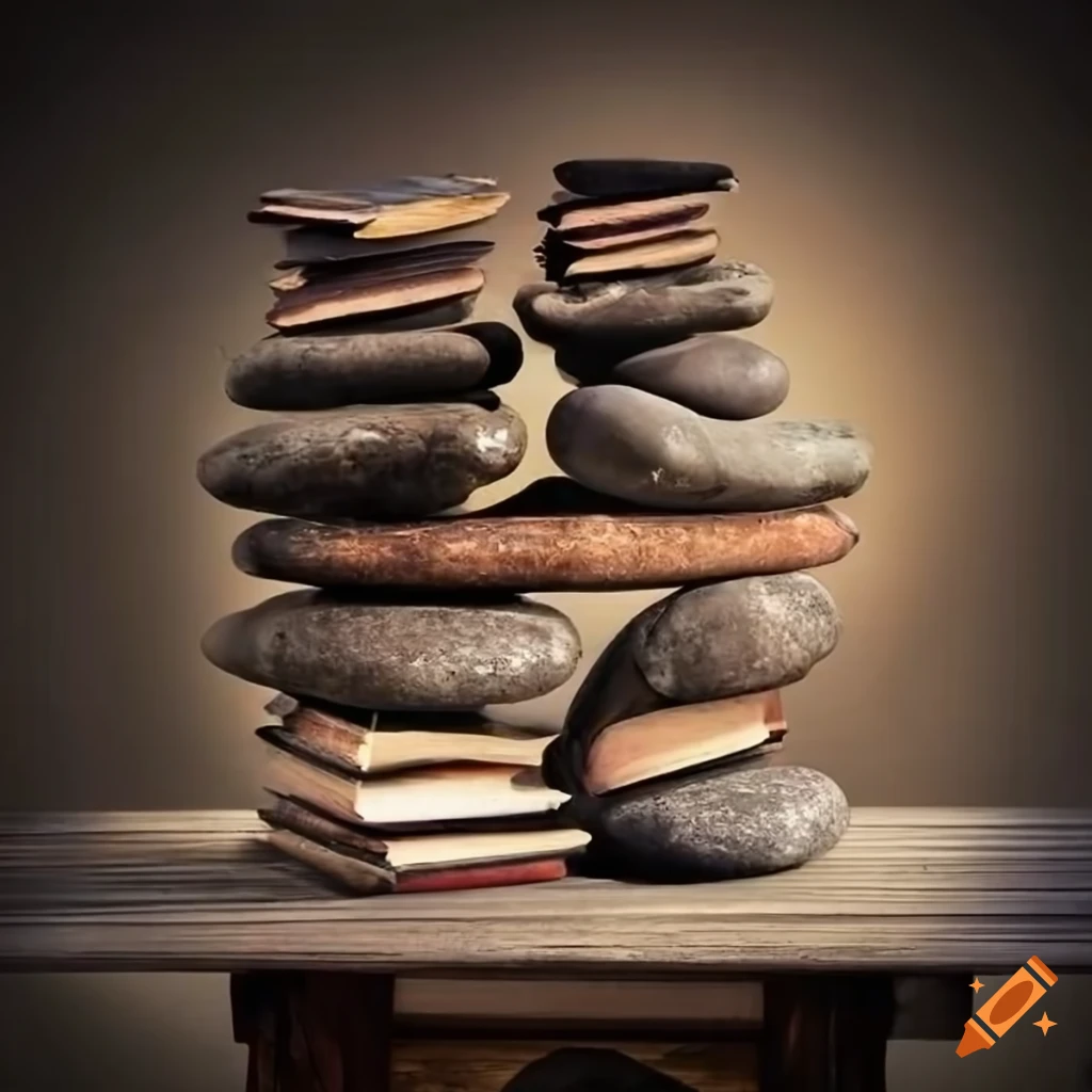 Wet stone cellar with books on balancing stones on Craiyon