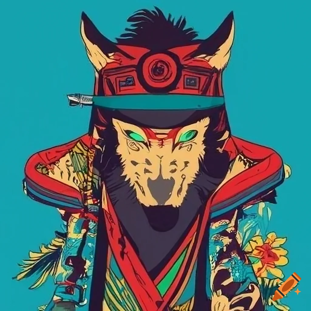 Ukiyoe art of a ninja wolf on Craiyon