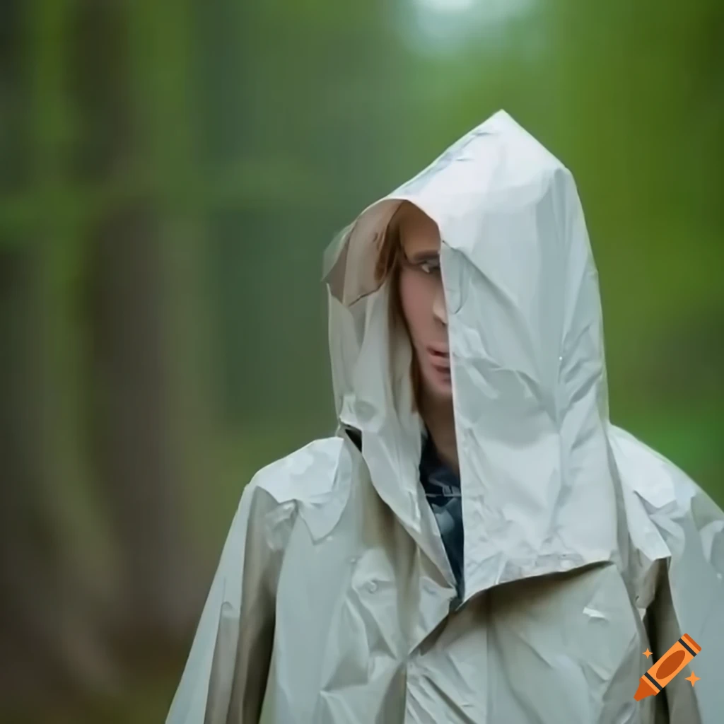 Young man in navy blue raincoat with hood up in windstorm and pouring ...