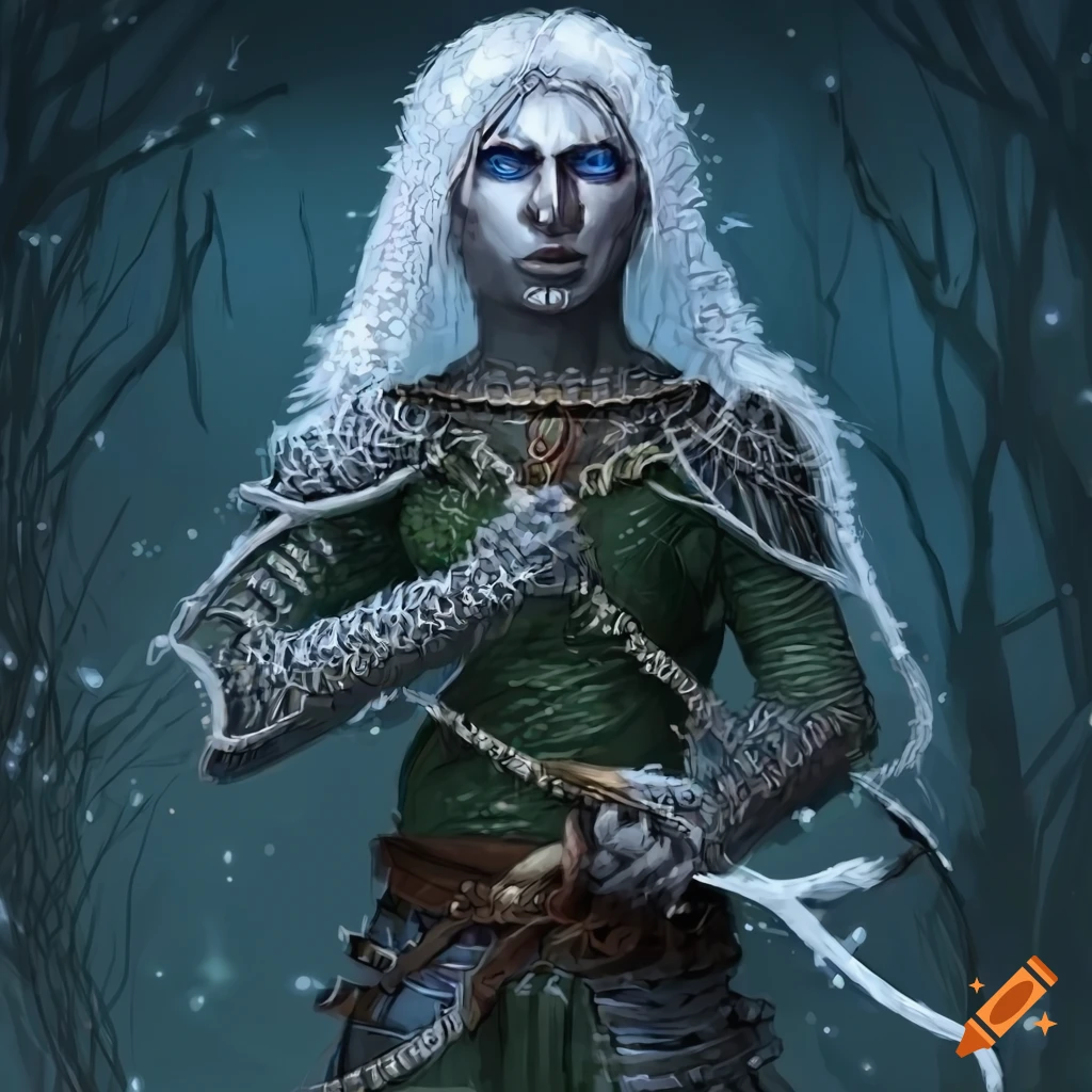 Wood elf ranger with white hair standing confidently on Craiyon