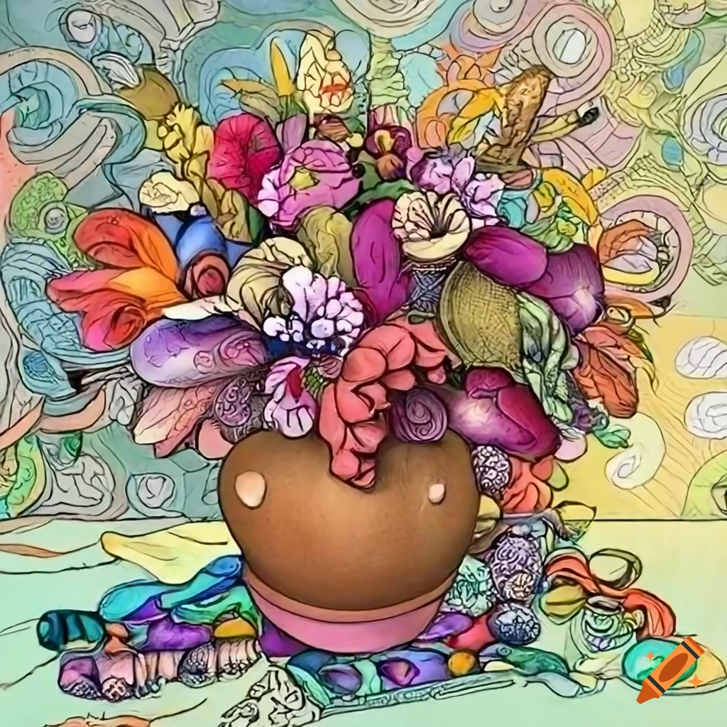 Intricate coloring page of a beautiful still life composition on Craiyon