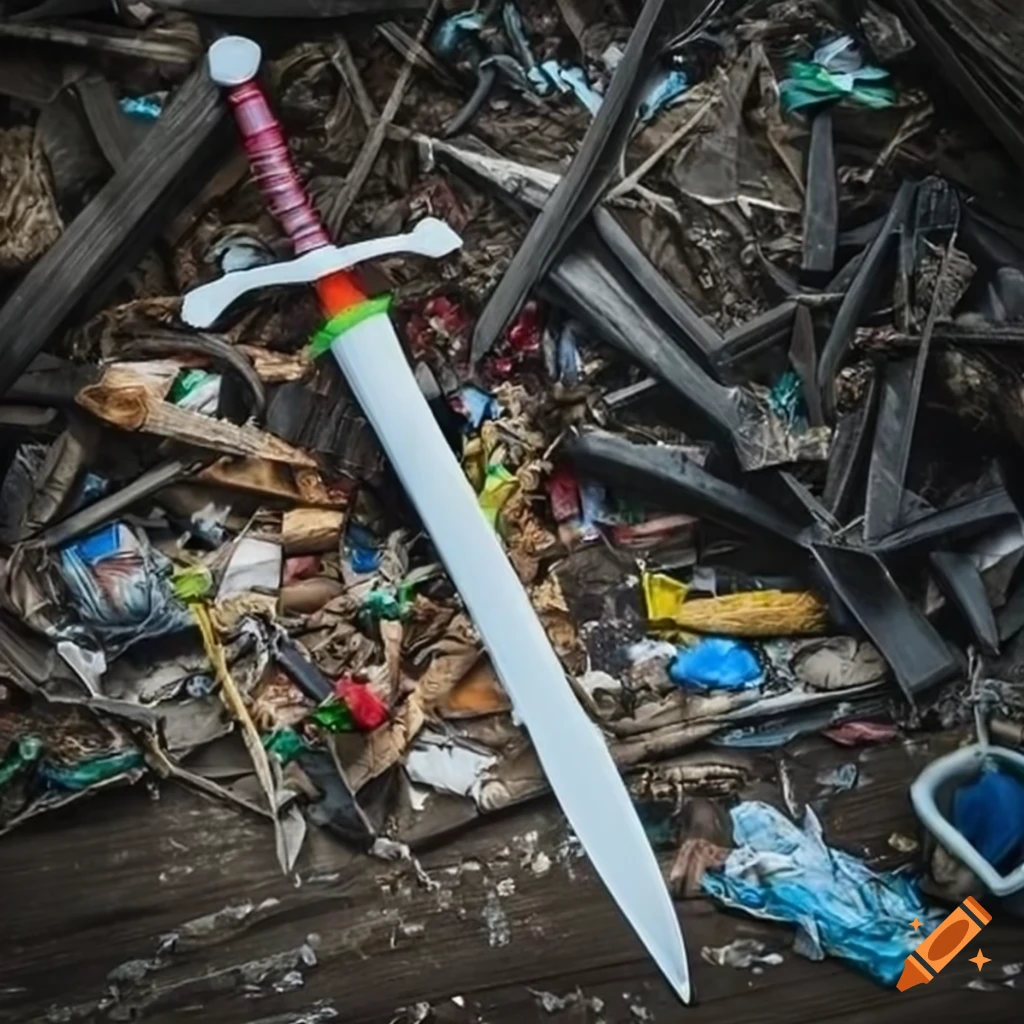 Plastic sword in a pile of garbage on Craiyon