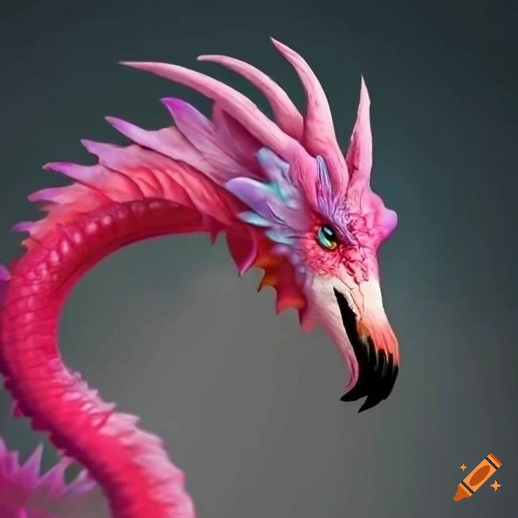Flamingo-dragon hybrid with pink feathers