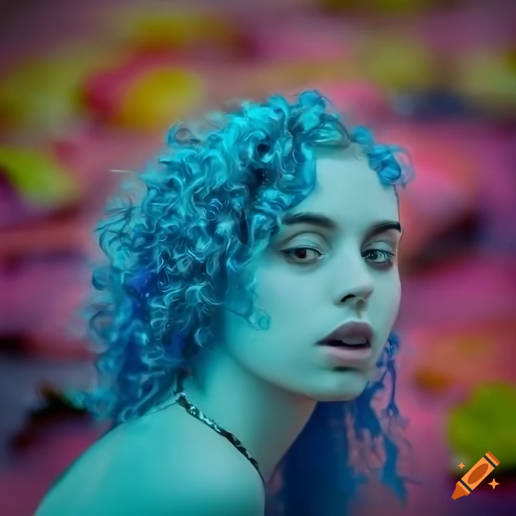 Photo of a young woman with blue scaly skin in a bikini surrounded by ...