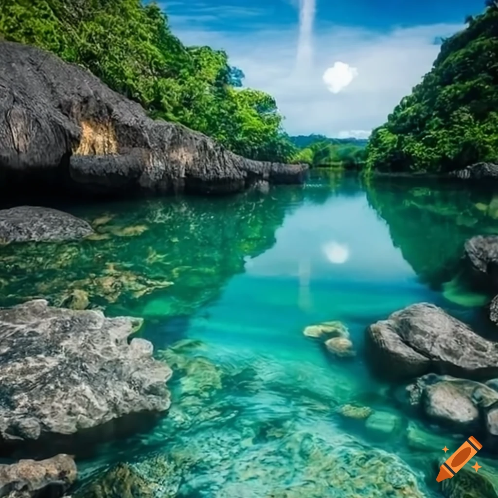 Rock pools at Surigao lagoon with fish and reflections on Craiyon