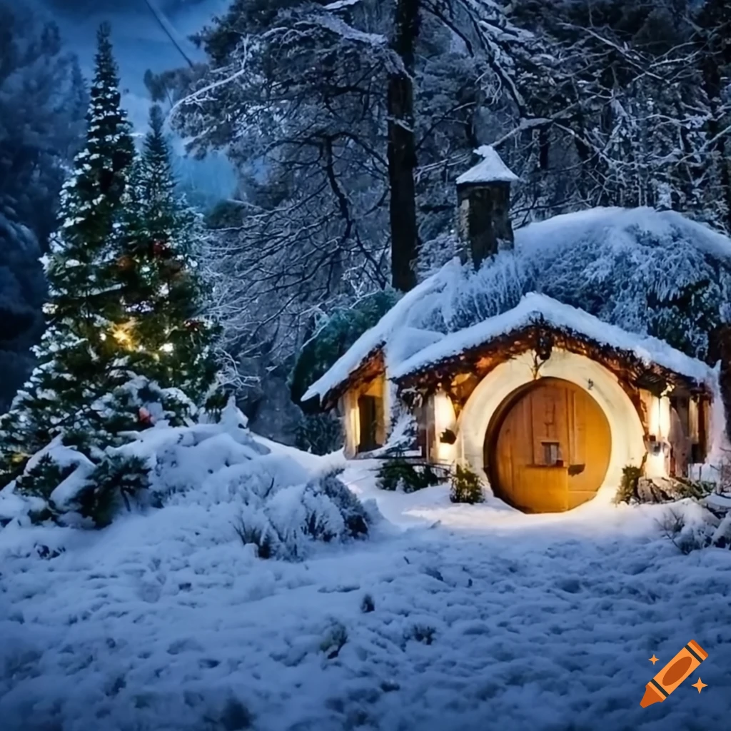 Snowy hobbit house with christmas lights on Craiyon