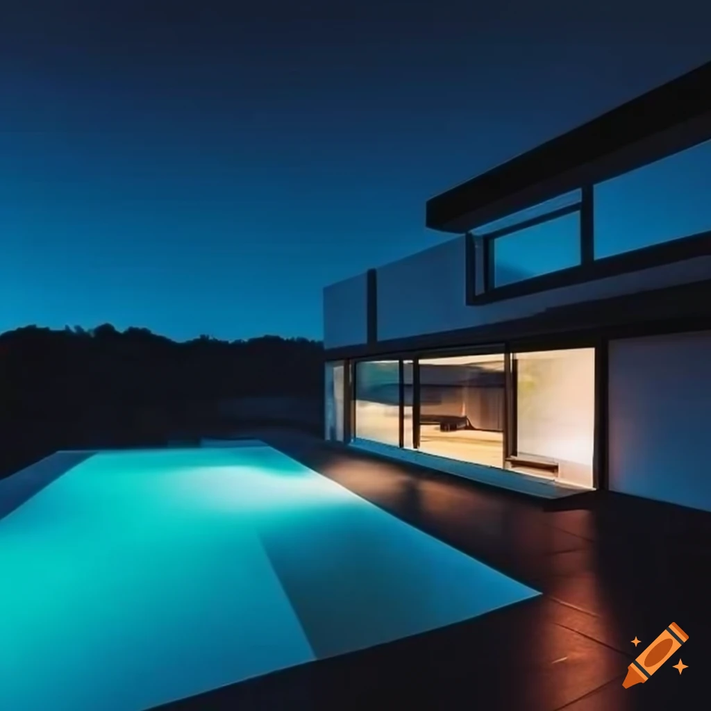 Polaroid film photography of a modern luxury villa at sunset