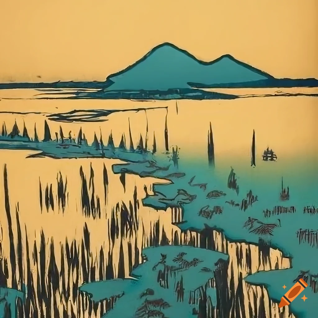 Japanese woodcut of a desertic swamp landscape