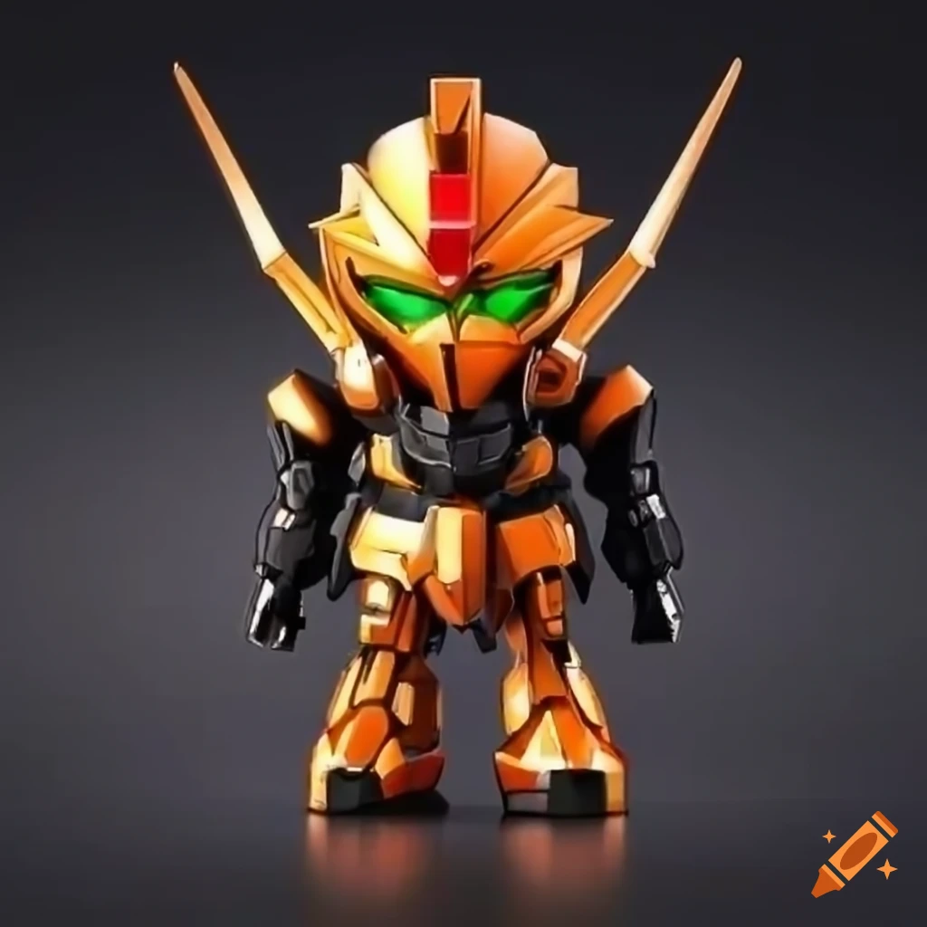 Chibi black and orange gundam robot with metallic armor on Craiyon