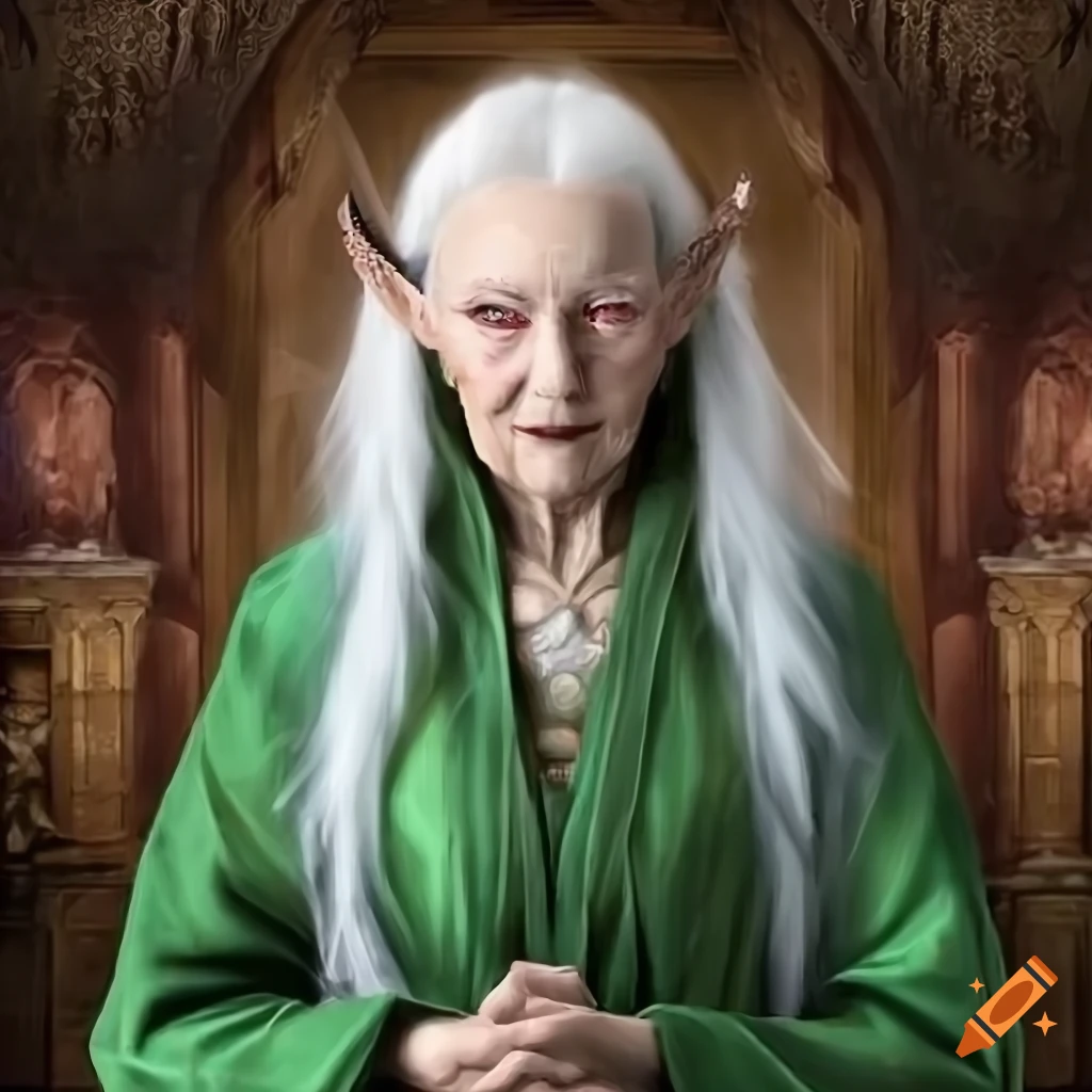 Photo of an elderly female elf in a mage's robe surrounded by artifacts ...