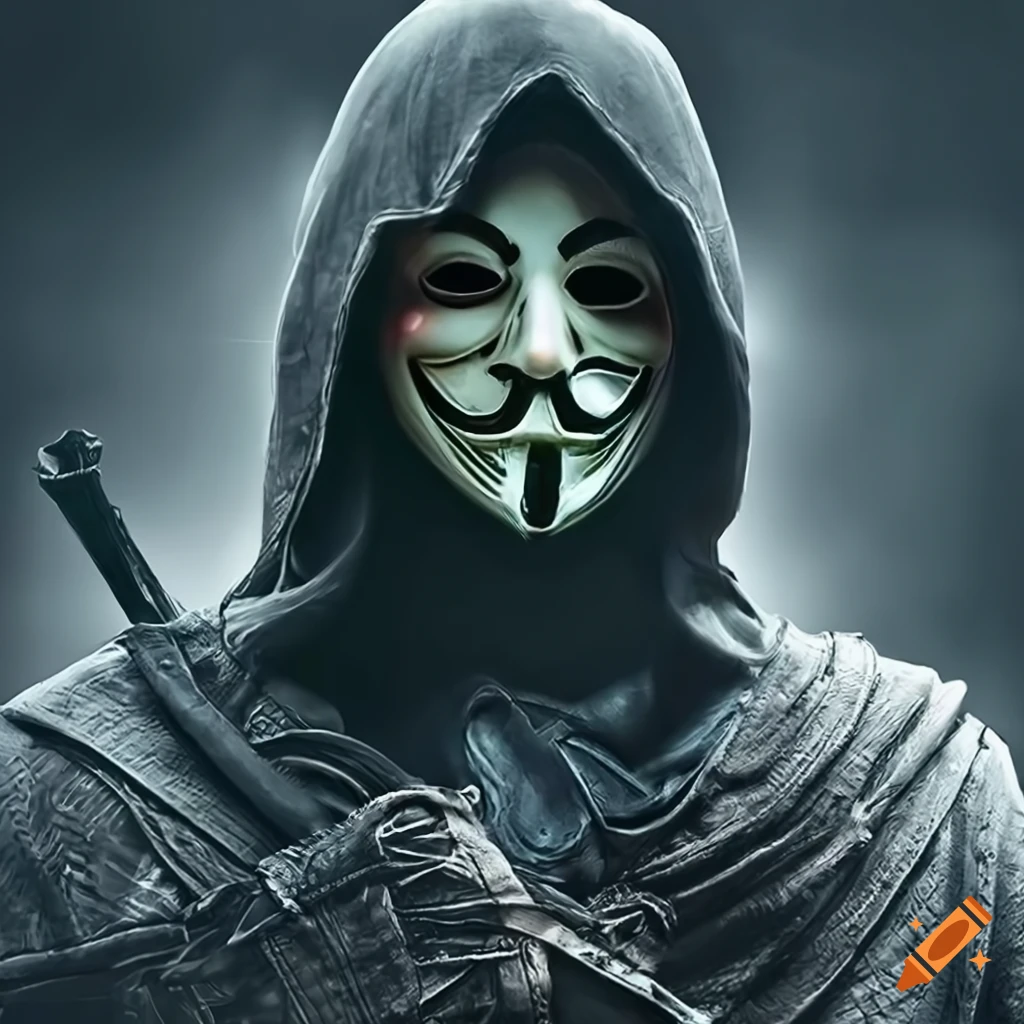 Cosplay of an assassin's creed assassin with an anonymous mask on Craiyon