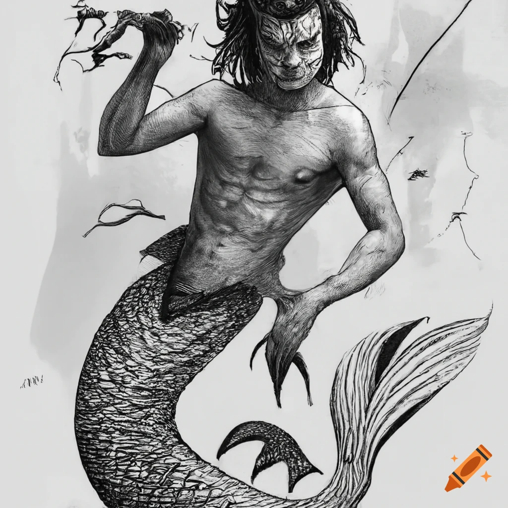 Detailed etching of a lovecraftian merman monster on Craiyon