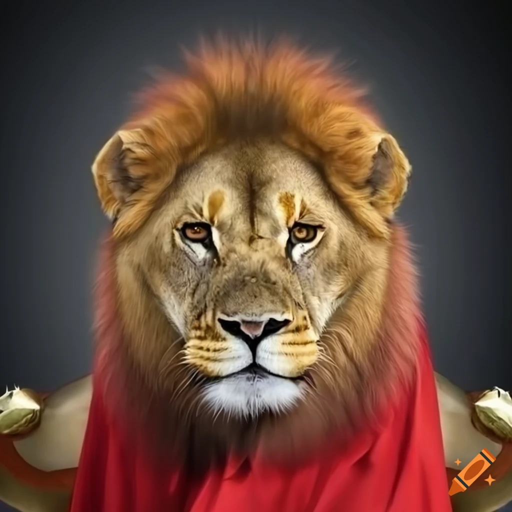 Photorealistic lion in red robes with golden shoulder pads on Craiyon
