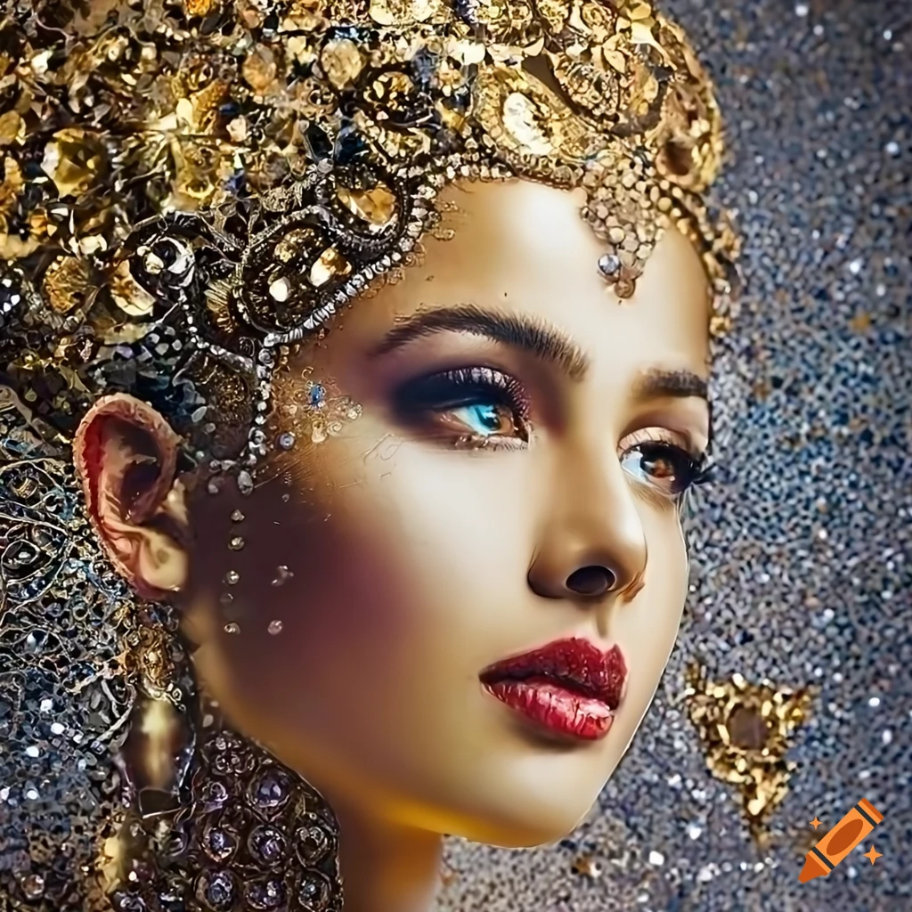 Mosaic portrait of a young goddess with an intense gaze