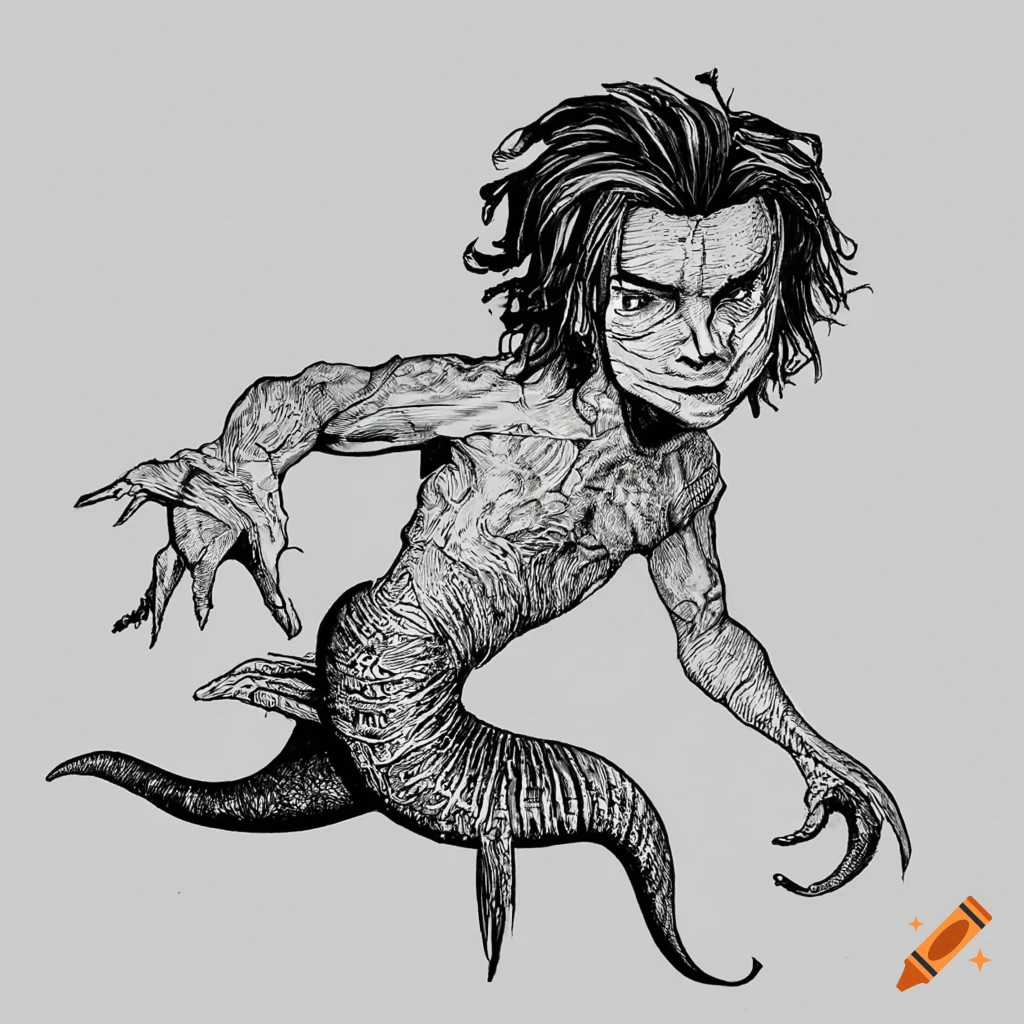 Detailed etching of steve harrington as a merman monster on Craiyon