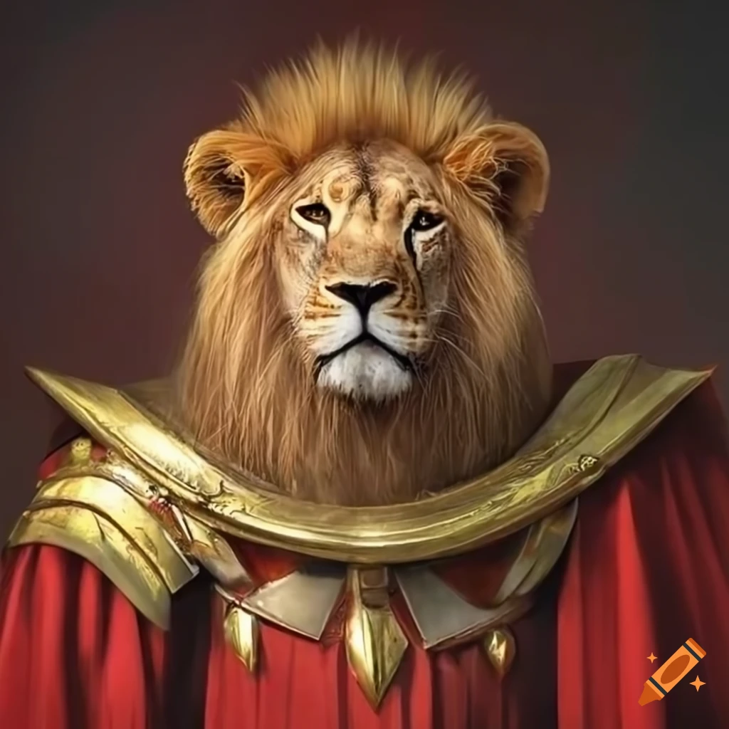 Hyperrealistic lion with red robes and golden armor on Craiyon