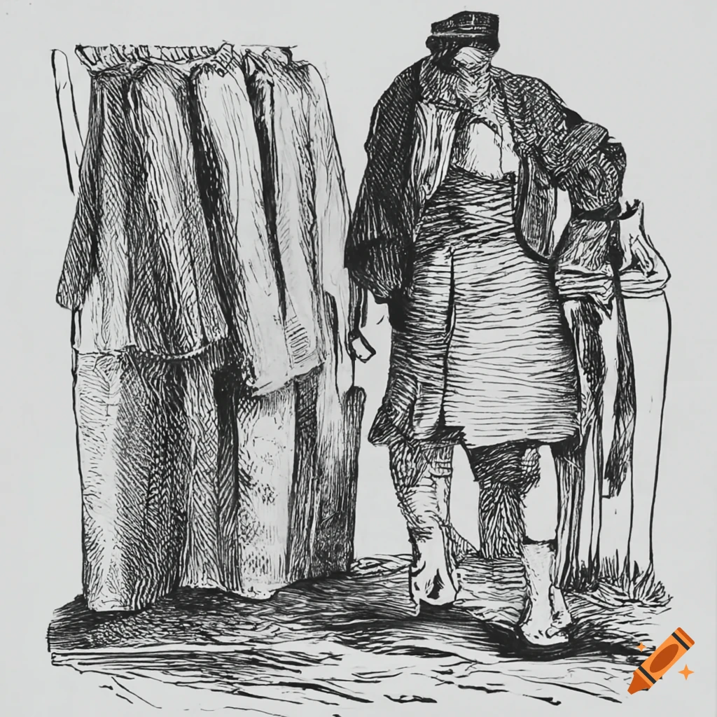 Black and white drawing of a farm made of clothes on Craiyon