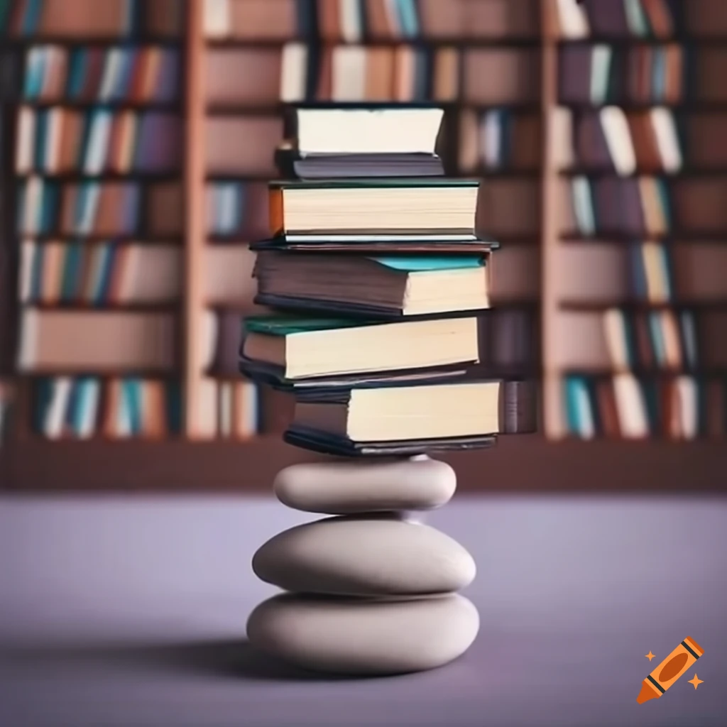 Stack of modern books on balancing stones on Craiyon