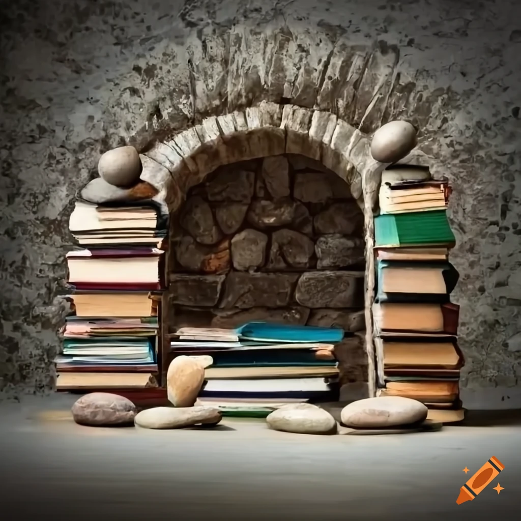 Interior of a stone cellar with books on balancing stones on Craiyon