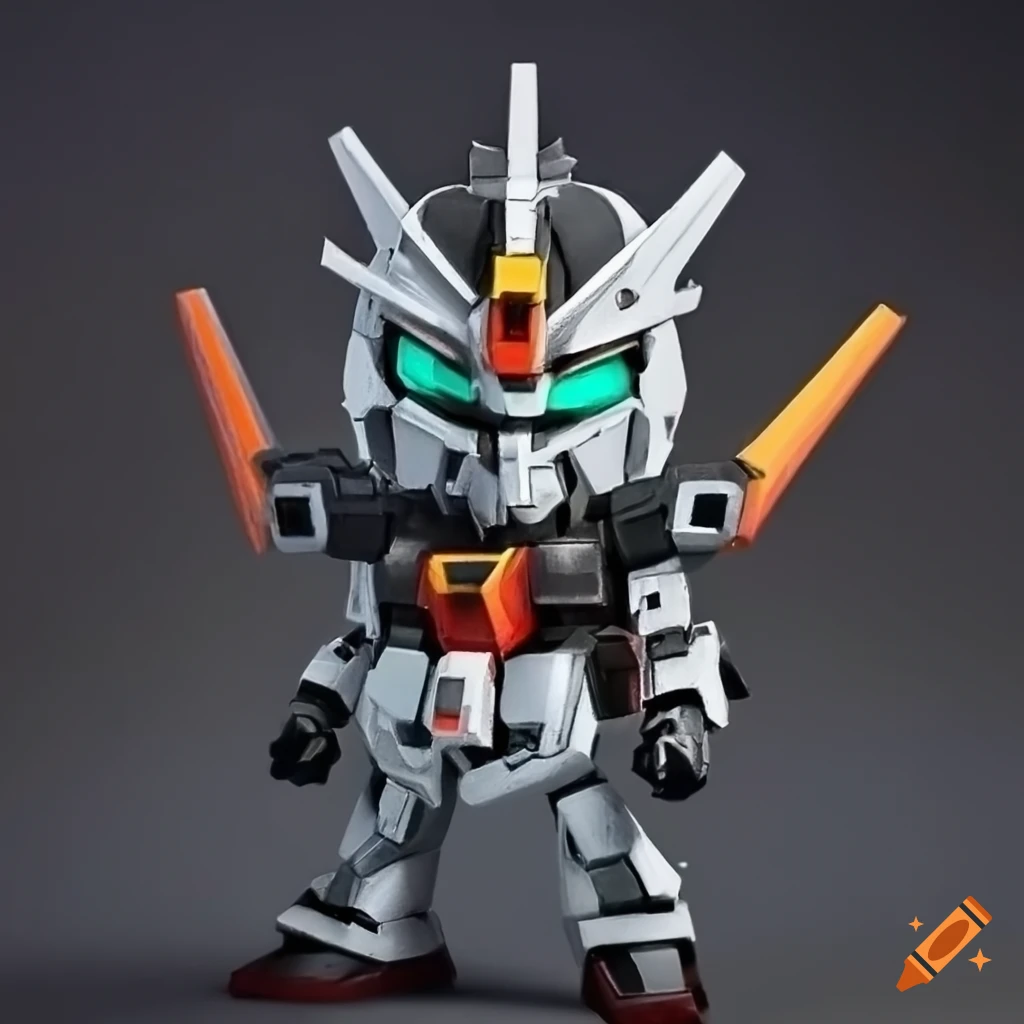 Chibi gundam robot with black, orange, and white armor on Craiyon