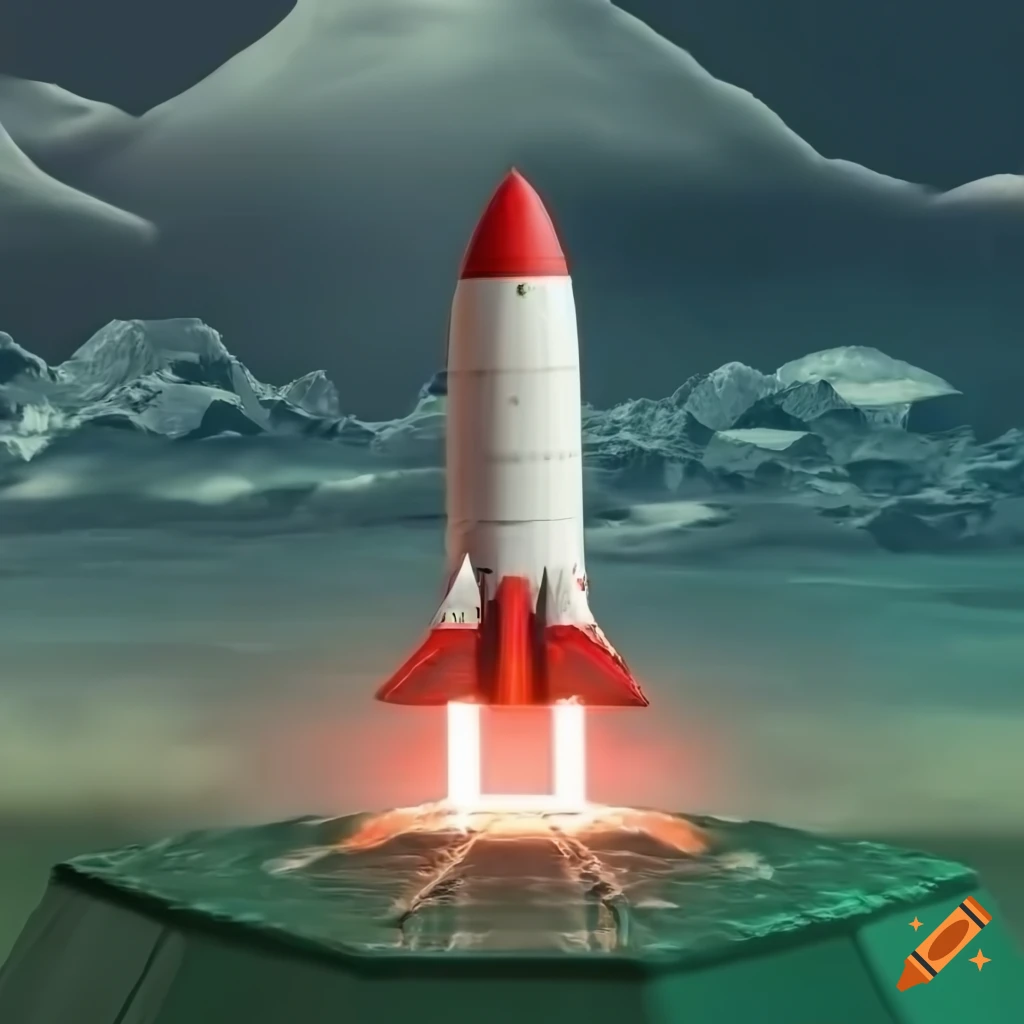 Rocket on an alien planet with mountains in the background on Craiyon