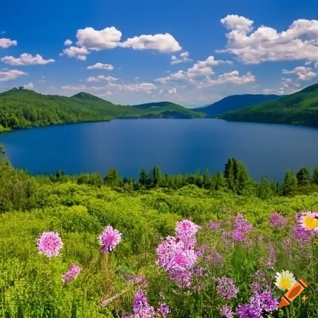 Scenic view of a lake with hills and flowers