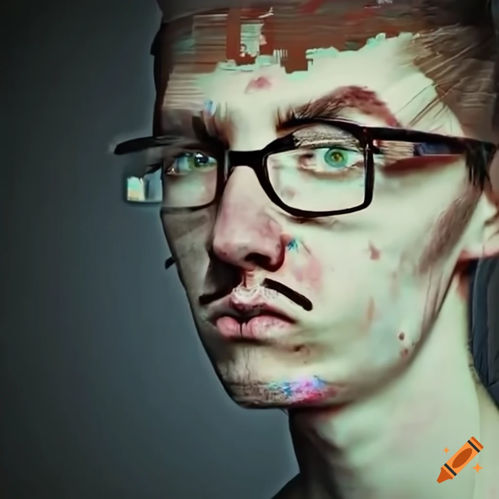 Digital glitched image of a quirky nerdy man