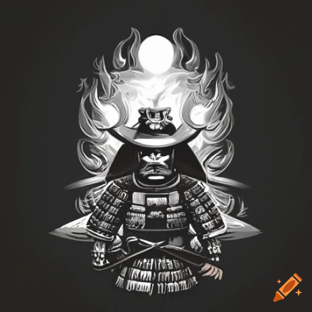 Black and white artwork of a samurai engulfed in flames on Craiyon