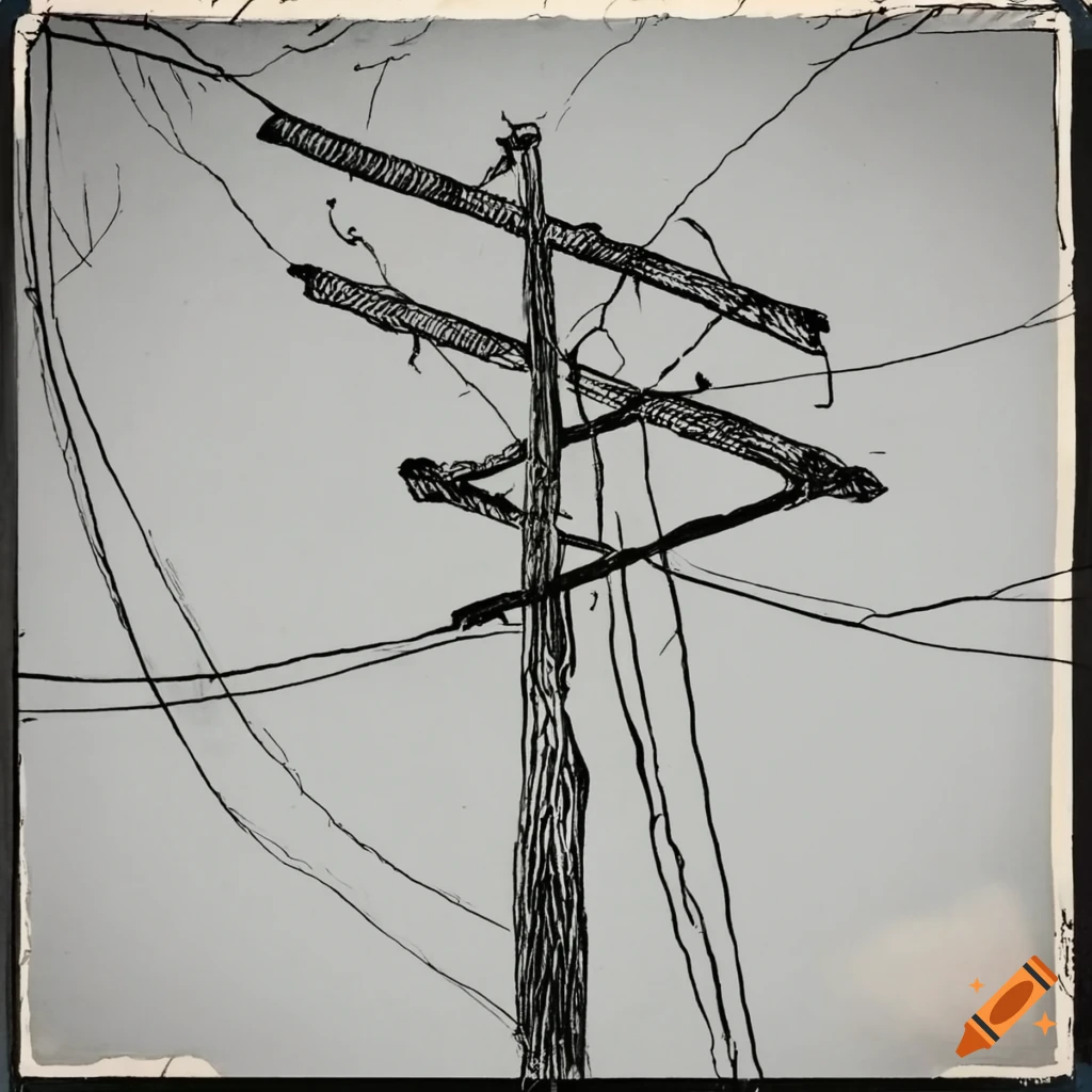 Vintage black and white drawing of electric poles and branches on Craiyon