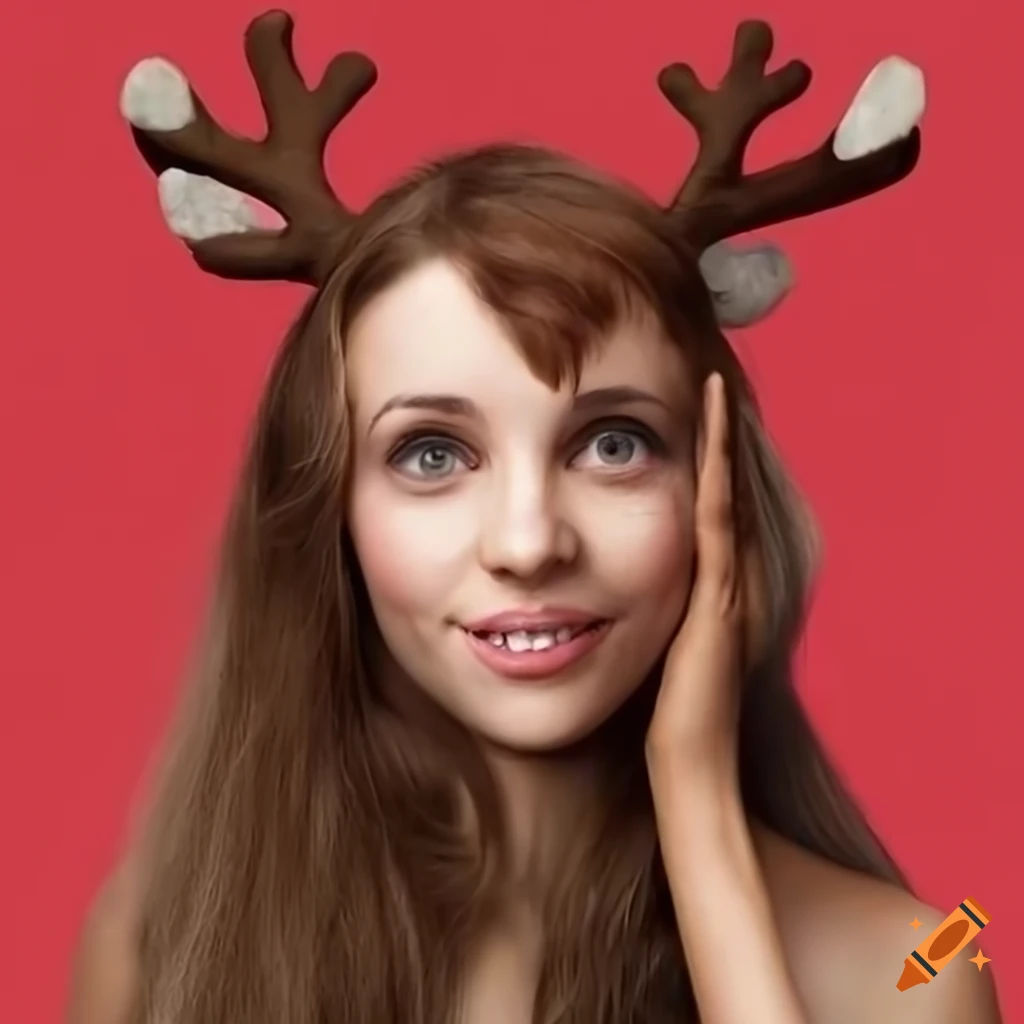 Portrait of a woman transforming into rudolph the red nose reindeer