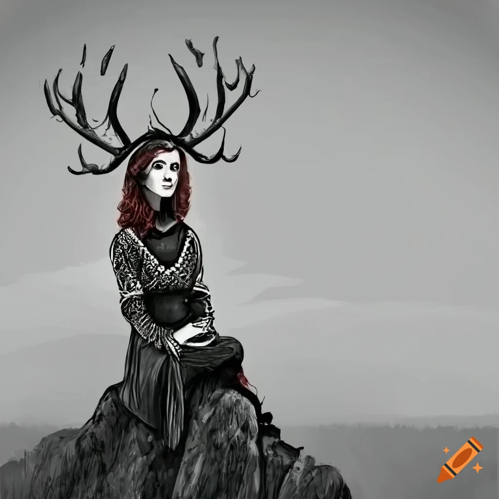 Redhead witch girl with deer horns on a mountain on Craiyon