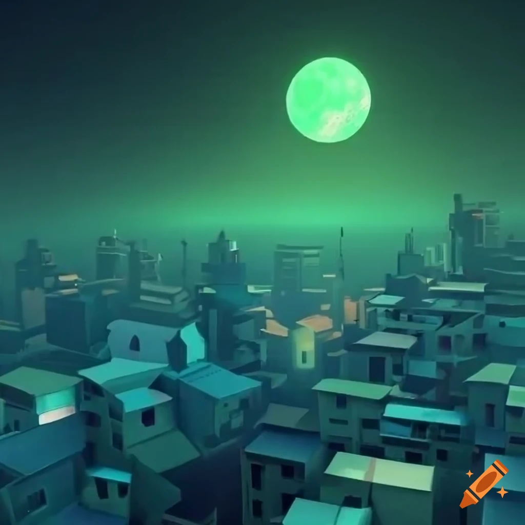 Futuristic city slums under a green moon