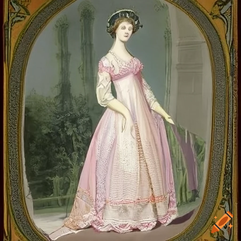 Image of a lady in a regency gown walking in a garden on Craiyon