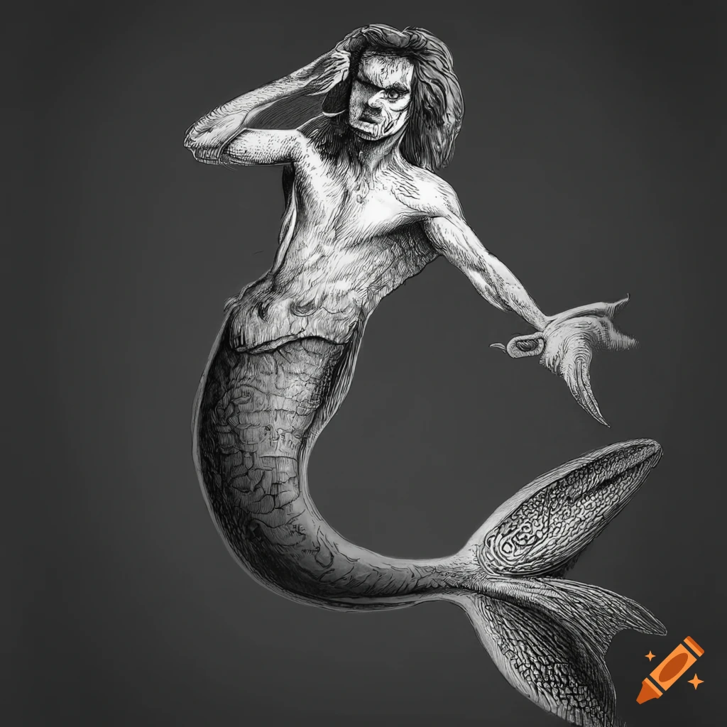 Detailed etching of steve harrington as a merman monster on Craiyon