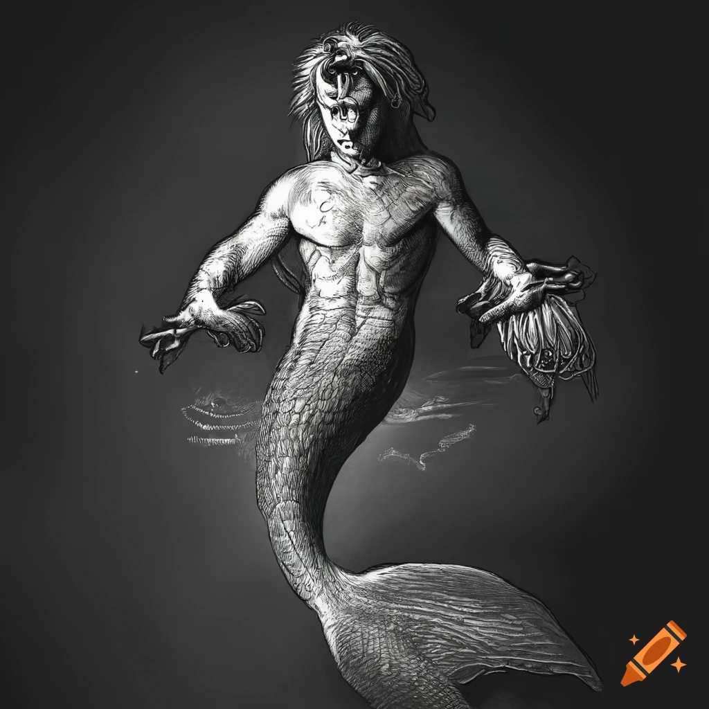Detailed etching of steve harrington as a merman monster on Craiyon