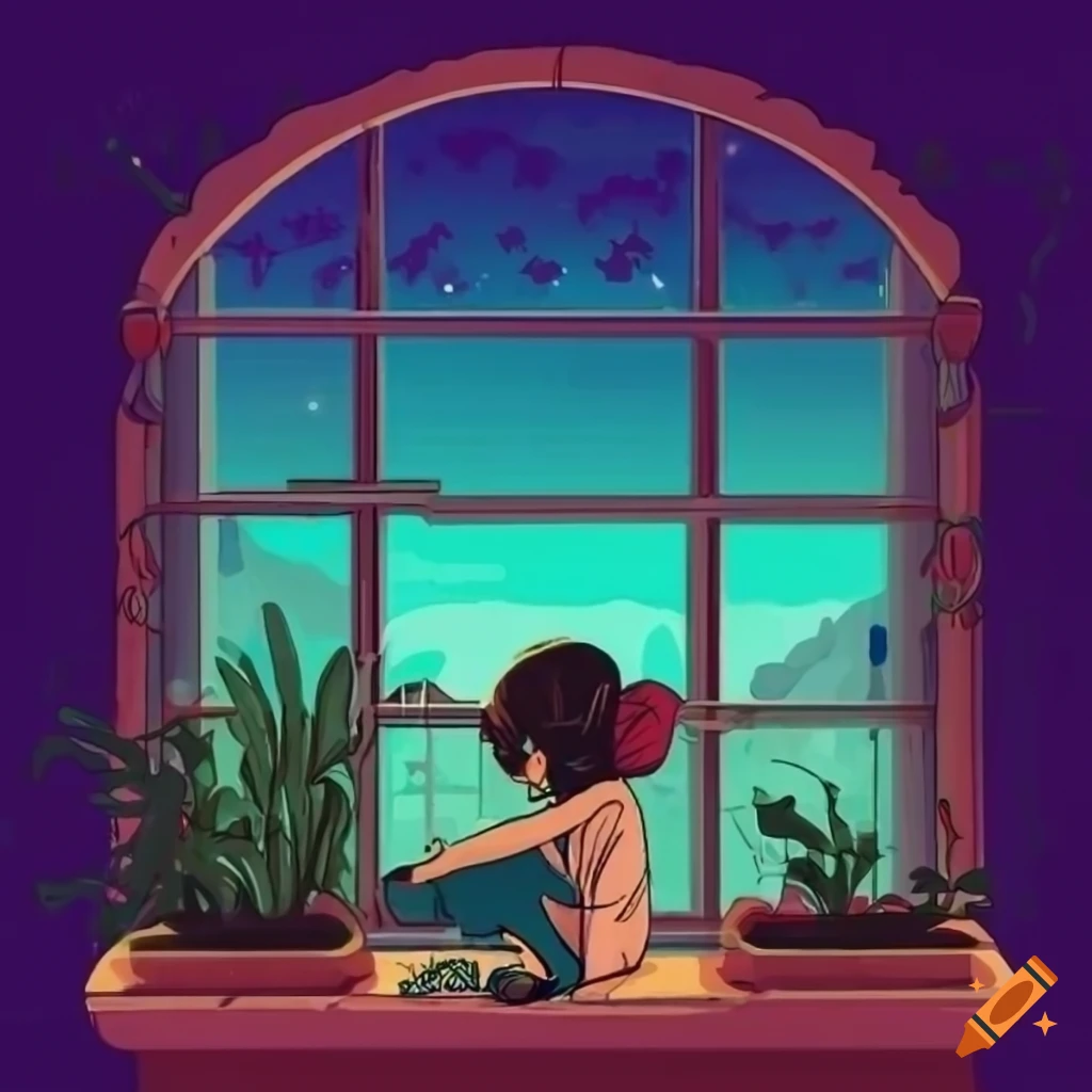 Lofi art style illustration of window, stars, and plants on Craiyon