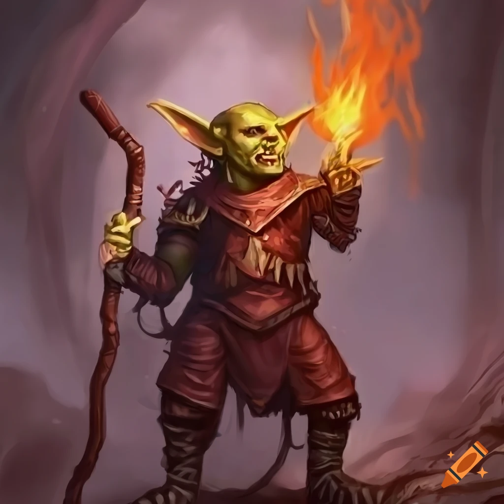 Fantasy artwork of a goblin sorcerer casting fire spells on Craiyon