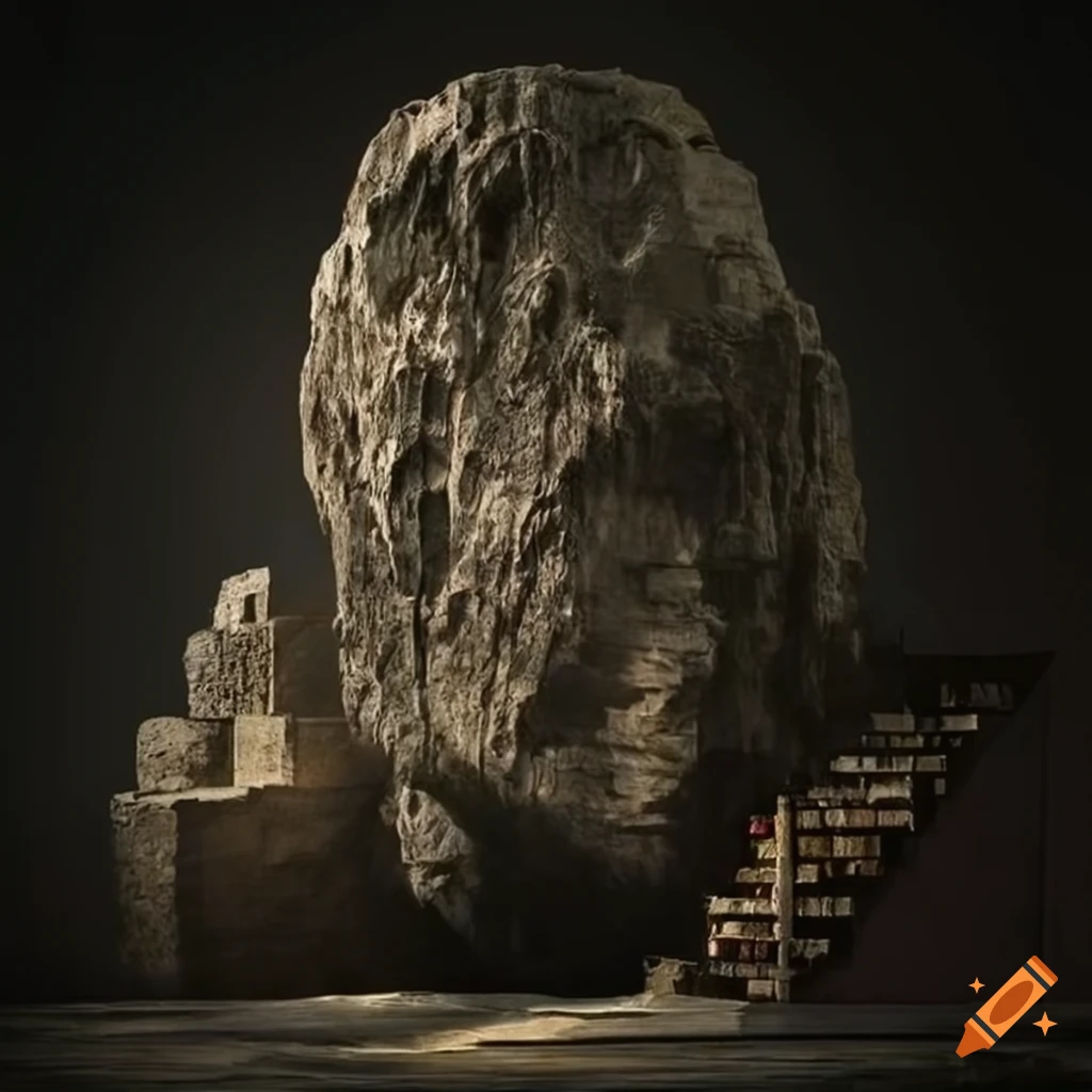 Piranesi-style artwork of a rock hanging over a library on Craiyon
