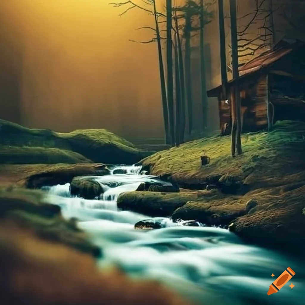 Snow capped mountains with a stream flowing by a rustic log cabin on ...