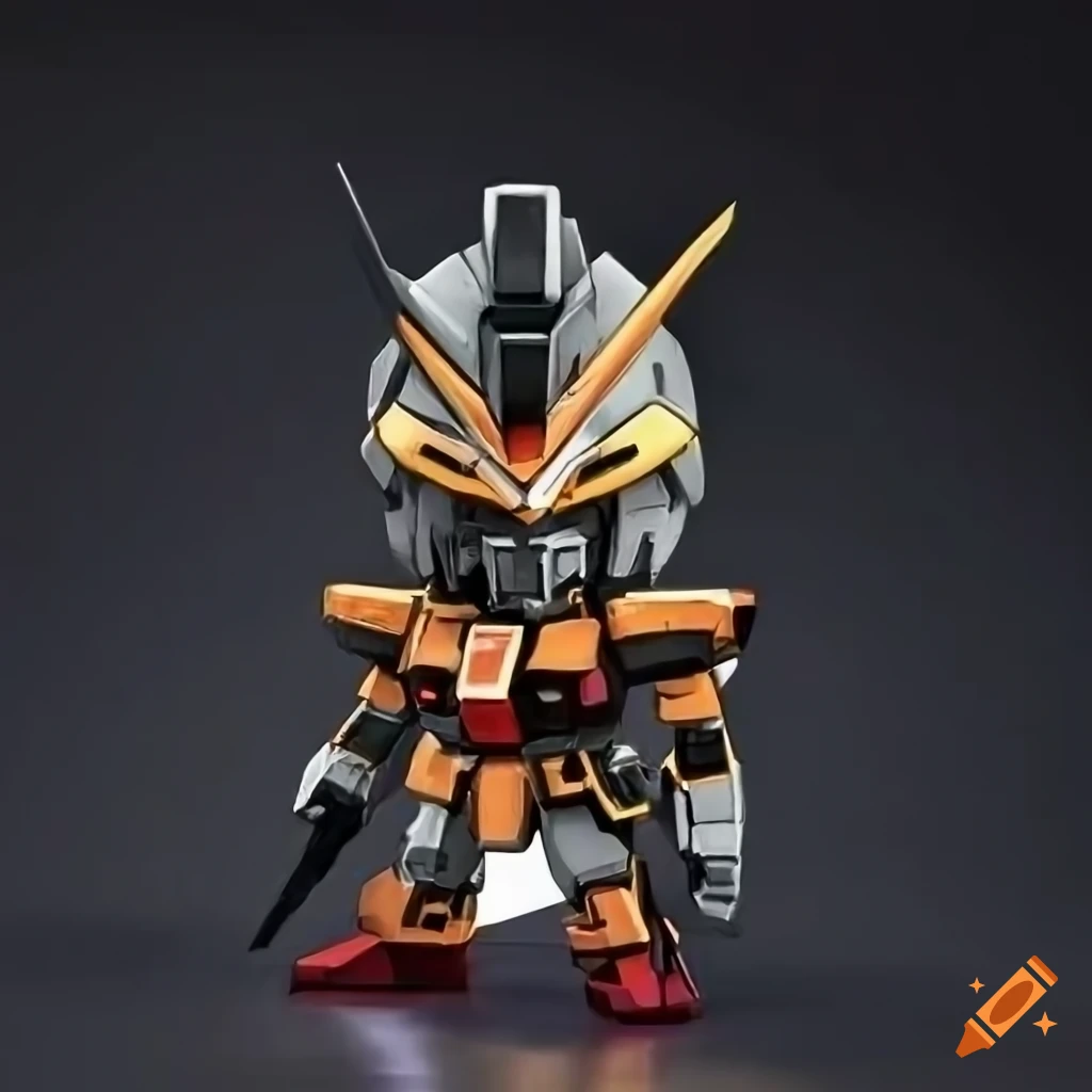 Chibi gundam robot with black, orange, and white color scheme