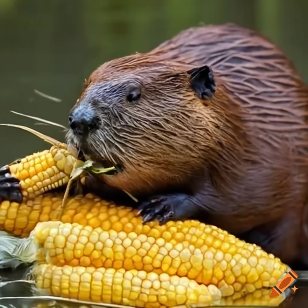 Beaver eating a large amount of corn