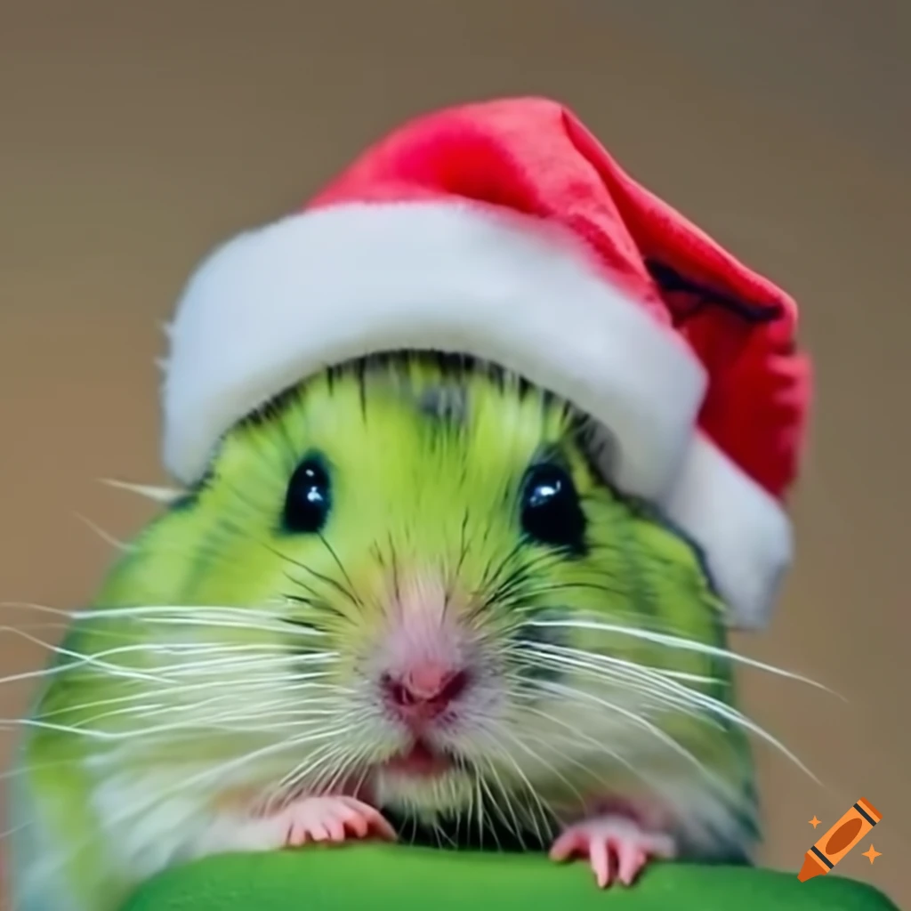 Cute green hamster wearing a Santa hat on Craiyon
